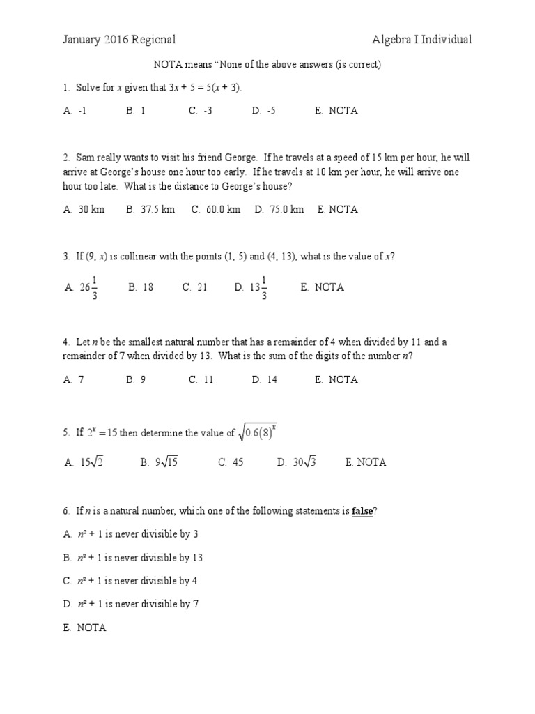 8733 T - January Regional Algebra I Individual Test | Download Free PDF ...