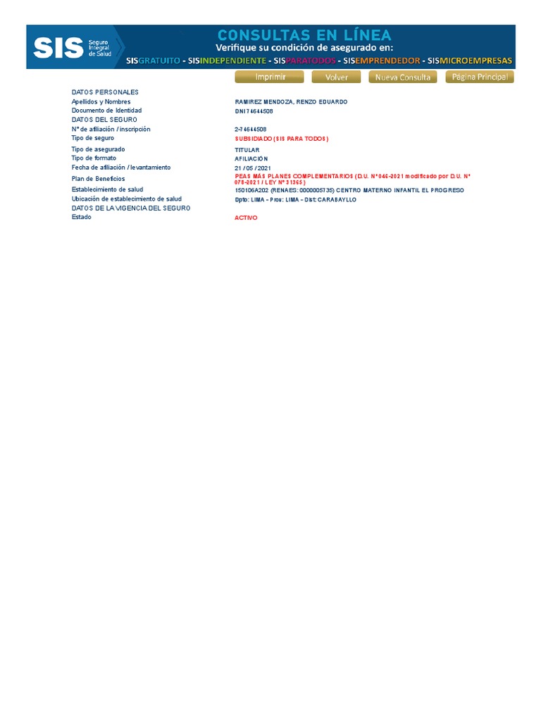 Estado de Seguro SIS: Información Clave | PDF | Negocios | Finanzas y dinero