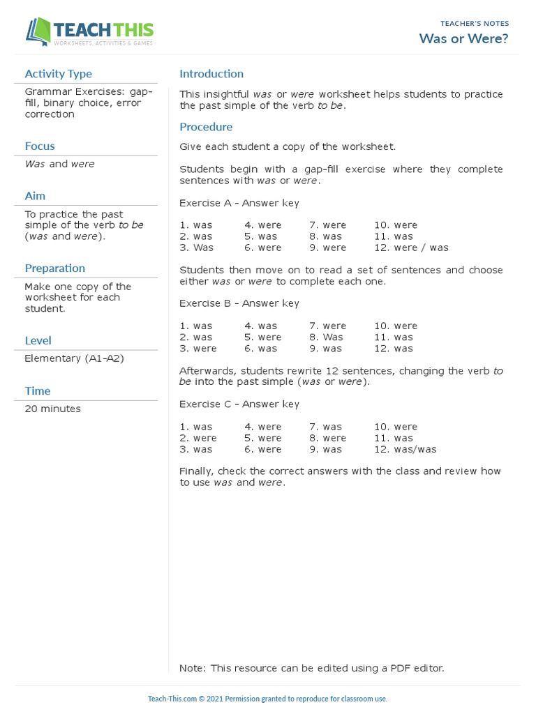 Was or Were Worksheet | PDF
