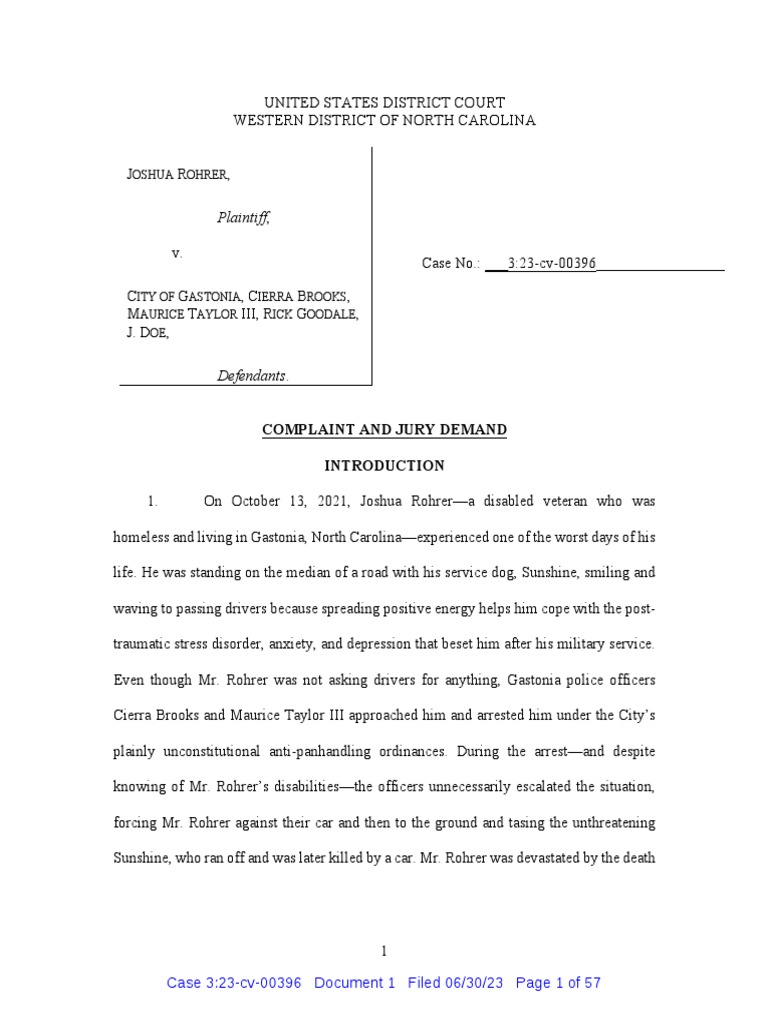 Joshua Rohrer's lawsuit against the City of Gastonia | PDF