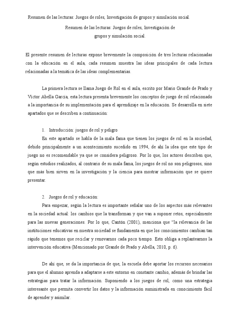 Resumen de Las Lecturas Juegos de Roles, Investigación de Grupos y ... Resumen de Las Lecturas Juegos de Roles, Investigación de Grupos y ...