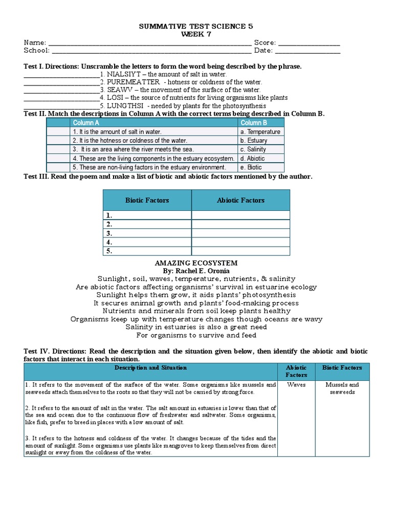 Grade 5 Science Test on Ecosystems | PDF | Ecosystem | Estuary