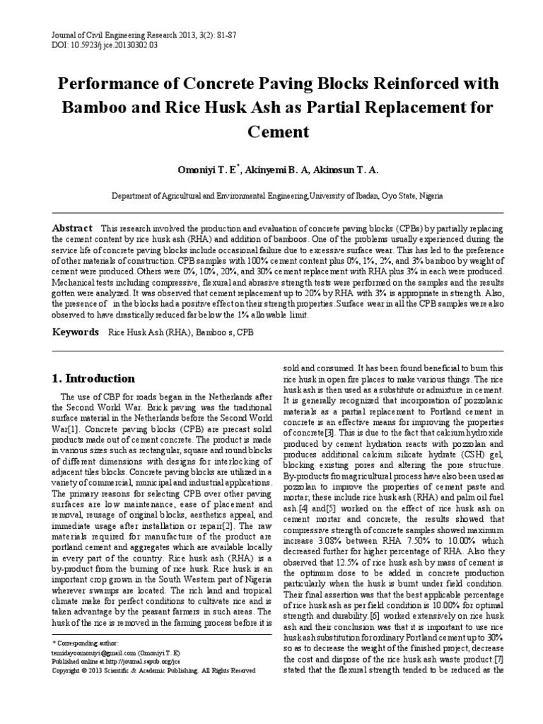 Performance of Concrete Paving Blocks Reinforced Withbamboo and Rice Husk Ash As Partial ...