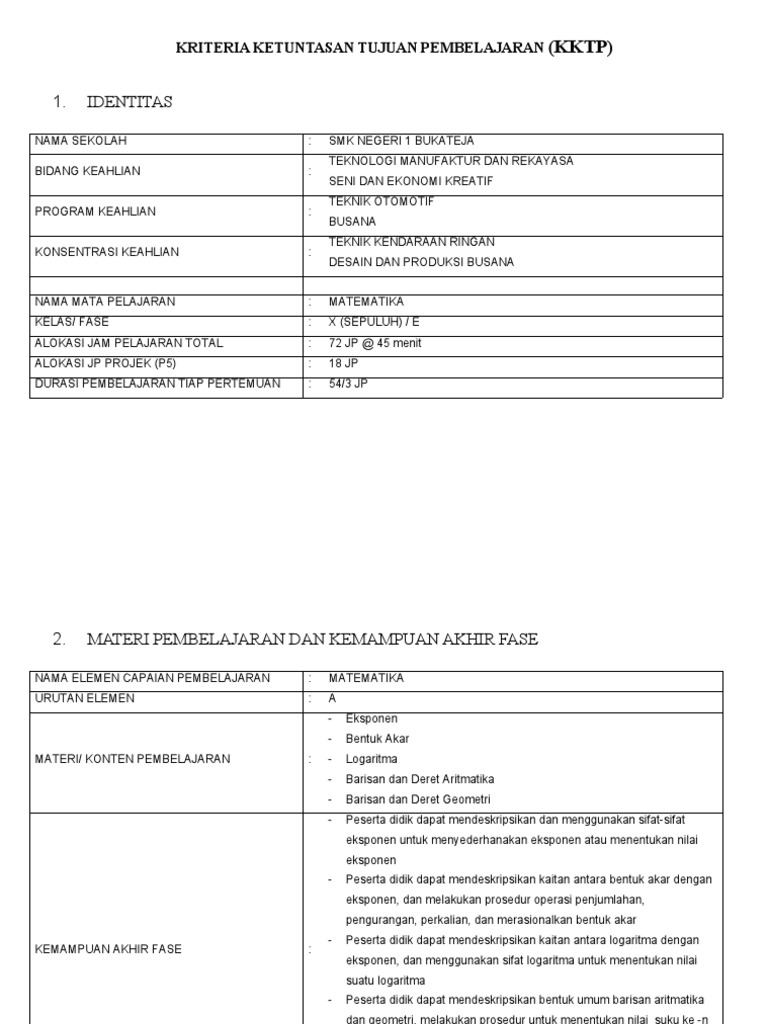 Contoh KKTP Mapel Matematika kelas X | PDF