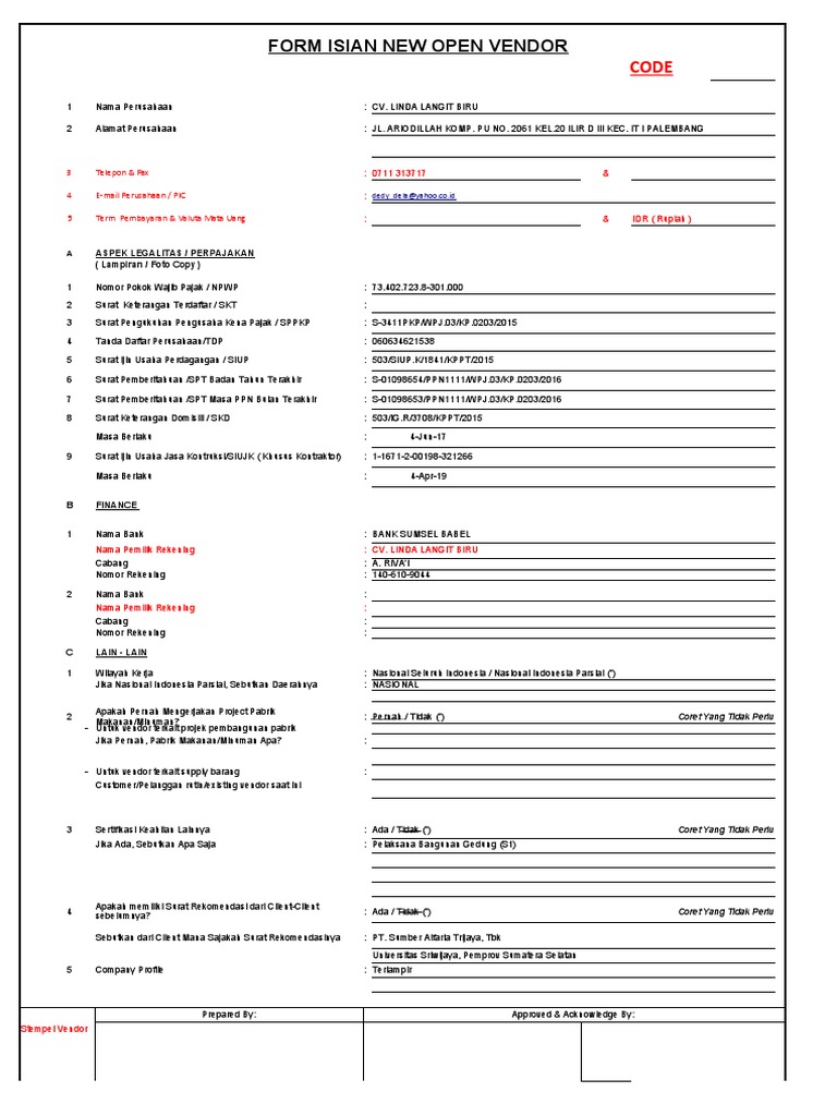 Form Open Vendor Baru LLB | PDF