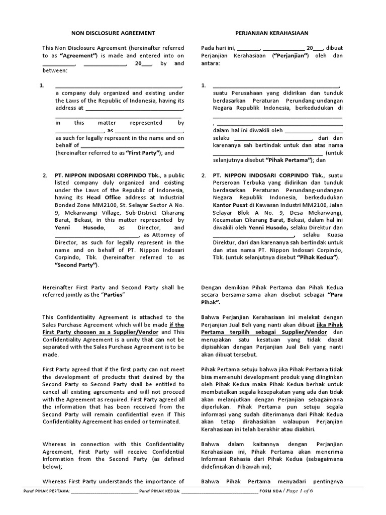 FORM STANDARD NDA ALL PLANT NIC Untuk SUPPLIER & VEND Filename - 1 OR | PDF
