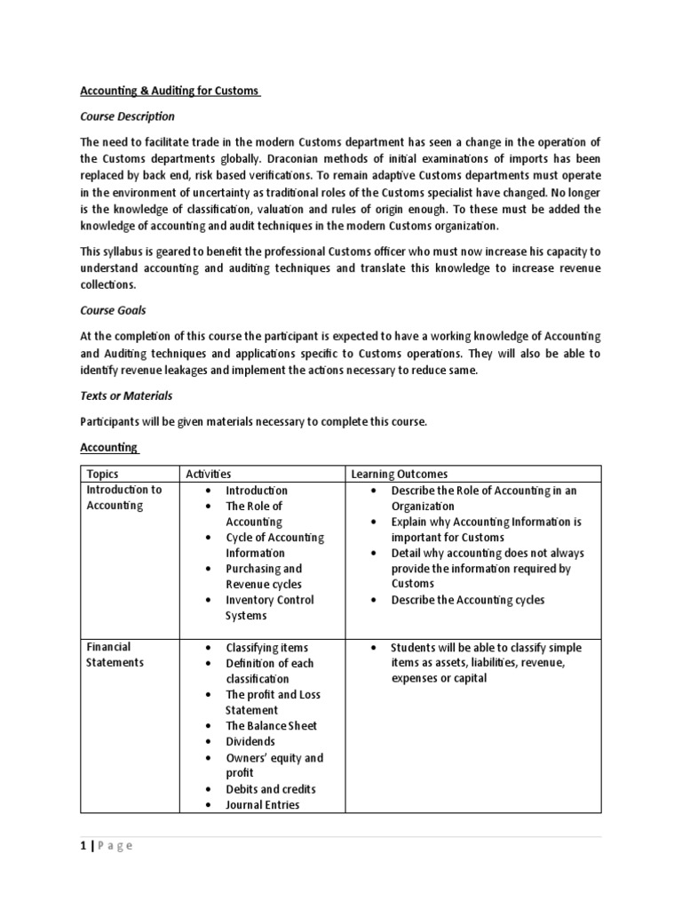 Accounting For Customs Officers - Course Outline Part 2 | PDF ...