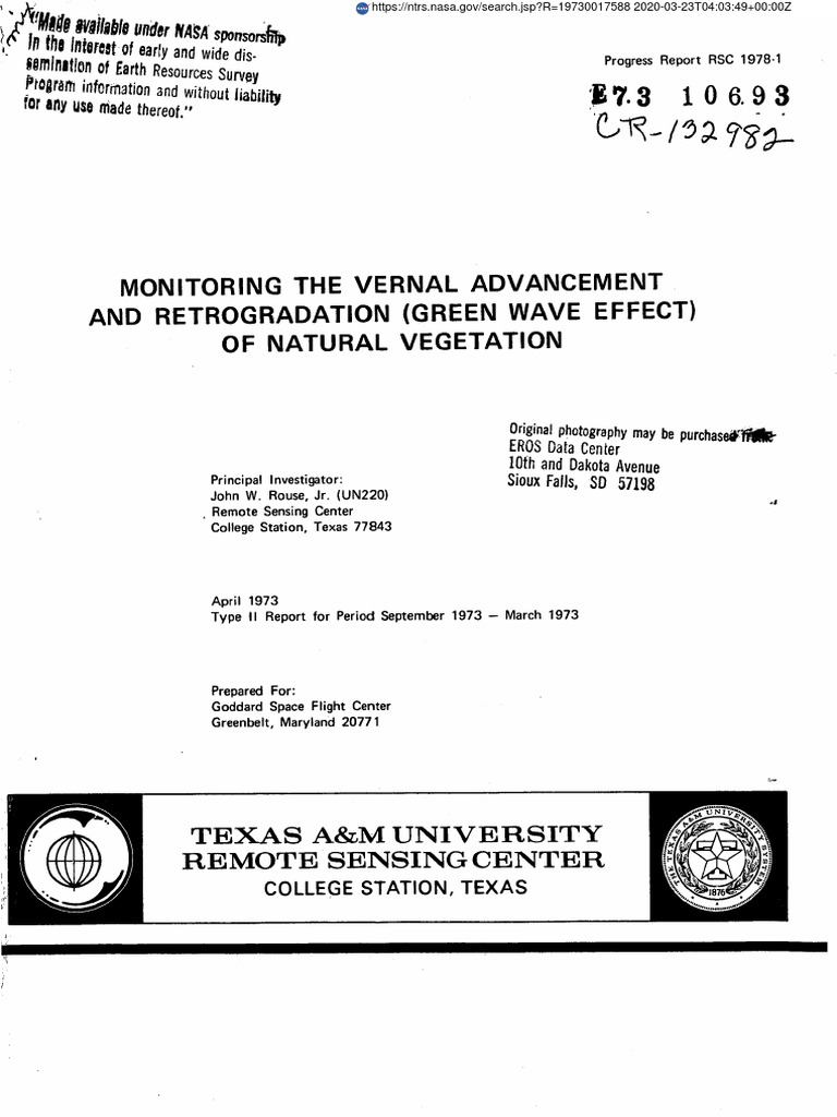 1973 Rouse Et Al - Monitoring The Vernal Advancement and Retrogradation ...