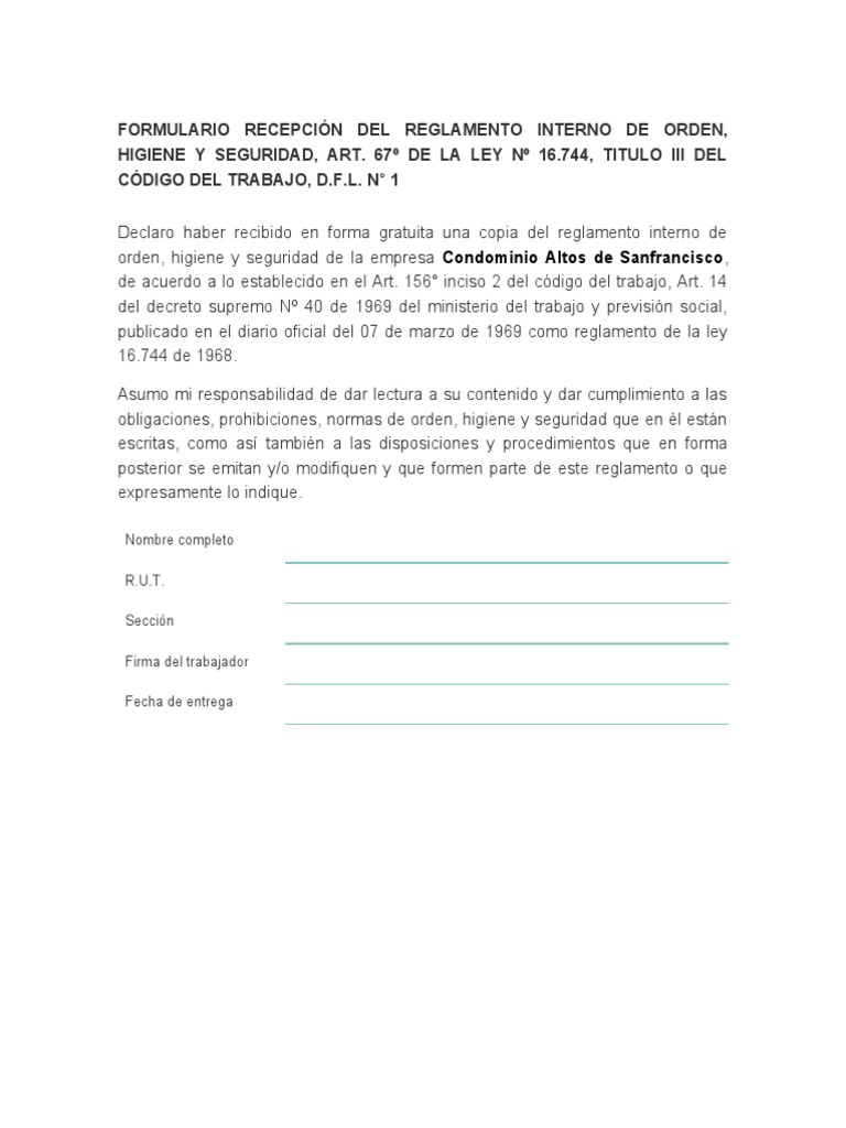 Formulario Recepción Del Reglamento Interno de Orden | PDF