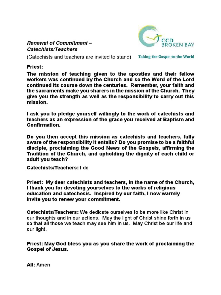 Catechists-Teachers Renewal of Commitment and Commissioning An | PDF