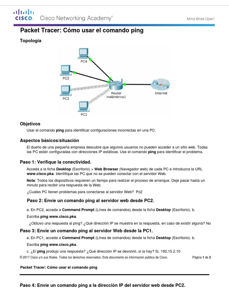 9.2.3.3 Packet Tracer - Using The Ping Command | PDF | Red mundial ...