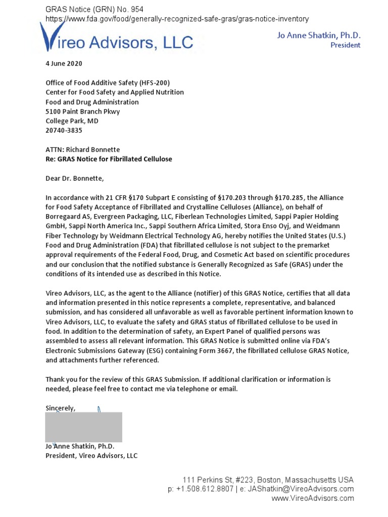 GRAS Notice GRN 954 Fibrillated Cellulose - 0 - 0 | PDF