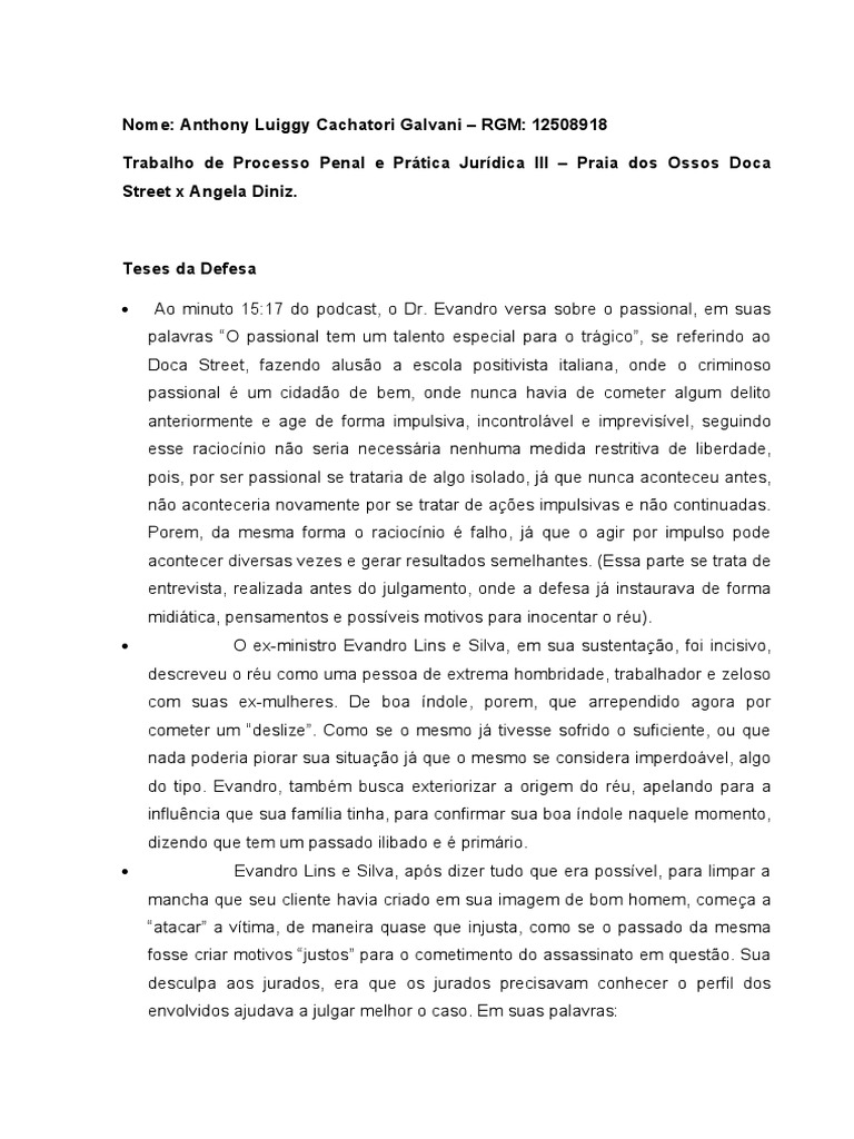 Defesa de Doca Street: Análise Jurídica | PDF | Adultério | Réu