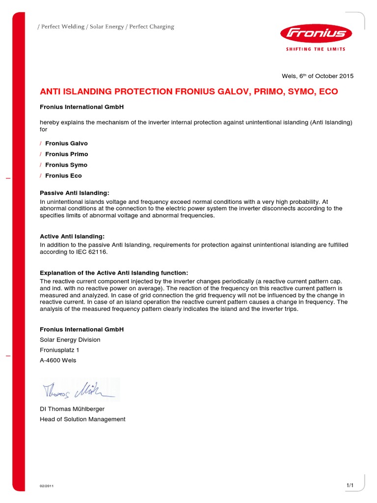 SE CER Anti Islanding Protection Fronius Galvo Primo Symo Eco en | PDF