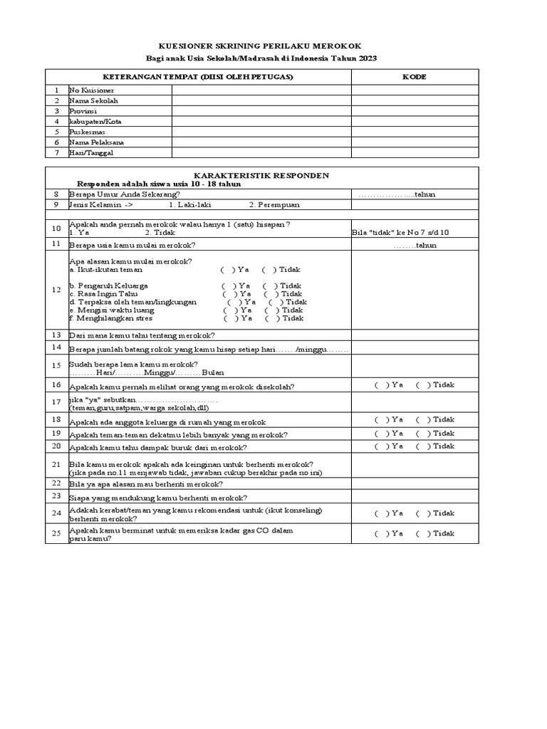 Kuesioner Perilaku Merokok Anak 2023 | PDF