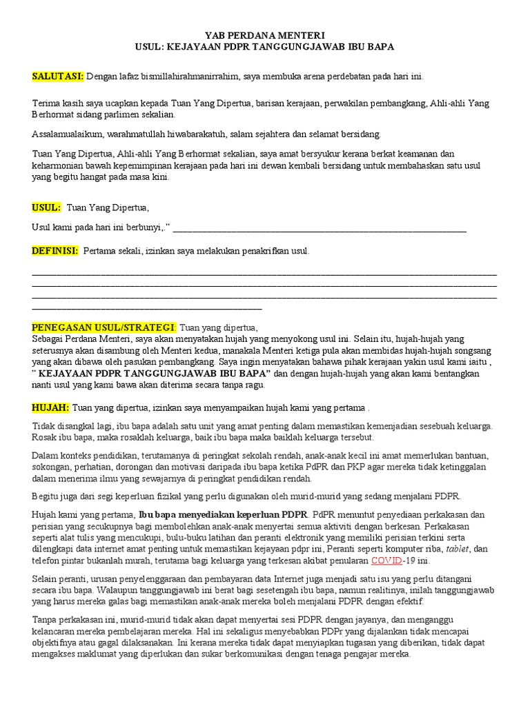 Teks Bahas Ala Parlimen YAB Perdana Menteri | PDF