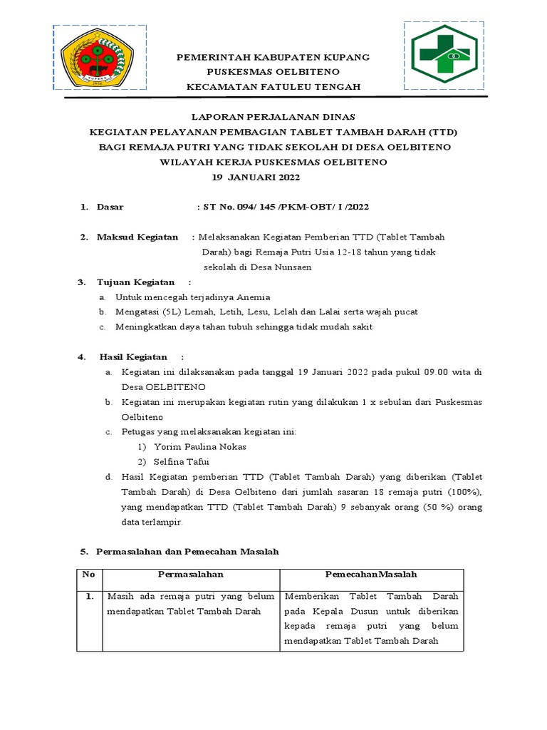 Pembagian Tablet Tambah Darah Remaja Oelbiteno | PDF