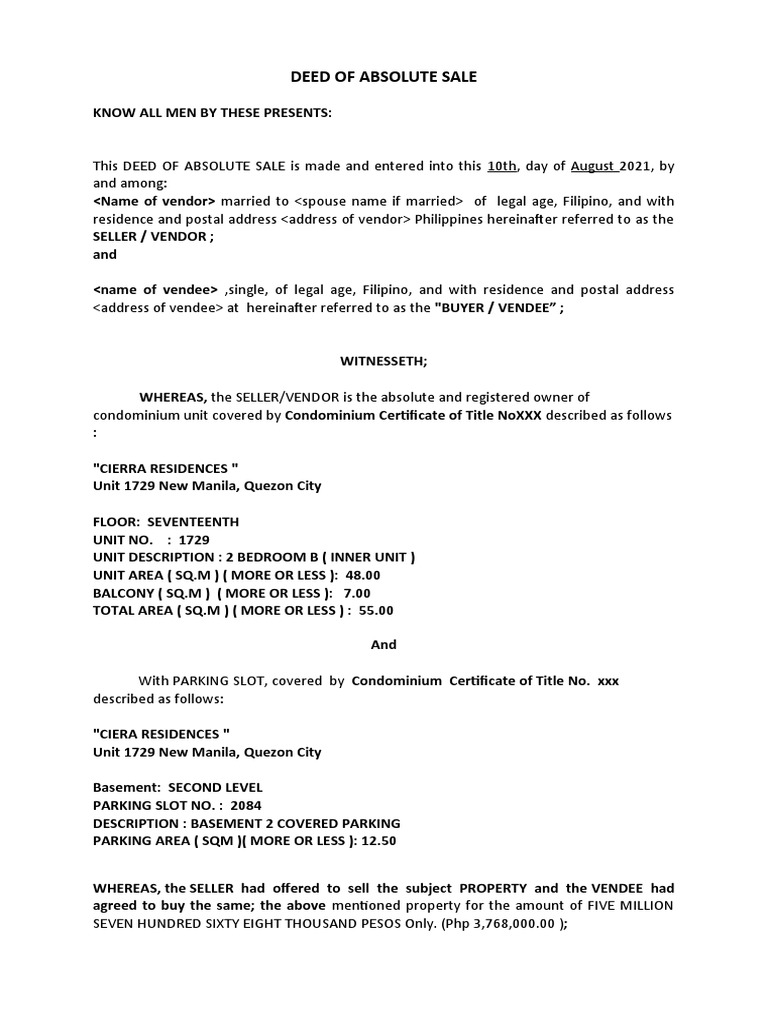 Deed of Absolute Sale For Condominiums | PDF