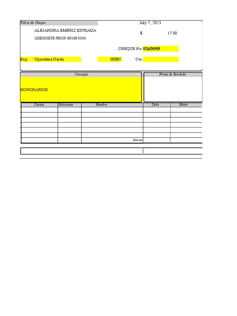 Ejemplo Poliza Cheque | PDF
