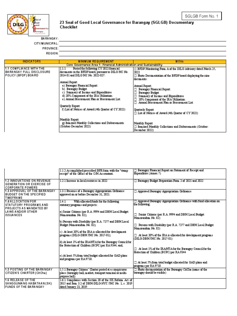 Draft 2023 SGLGB Form 1 Documentary Checklist | PDF