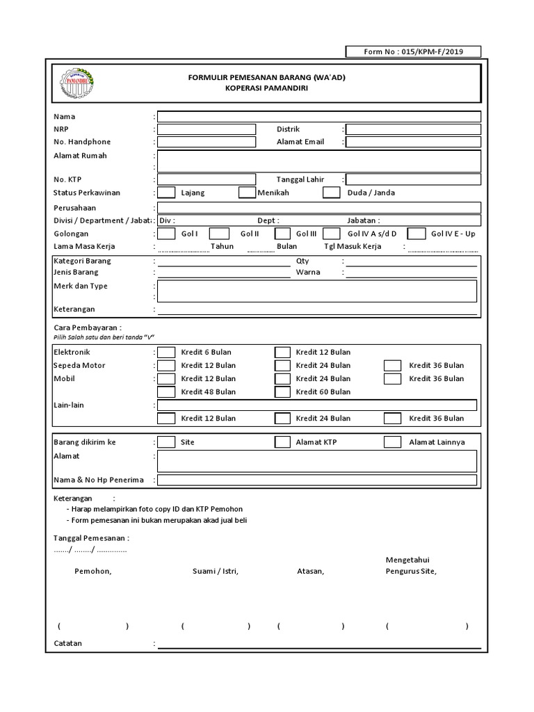 Formulir Pemesanan Koperasi Pamandiri | PDF