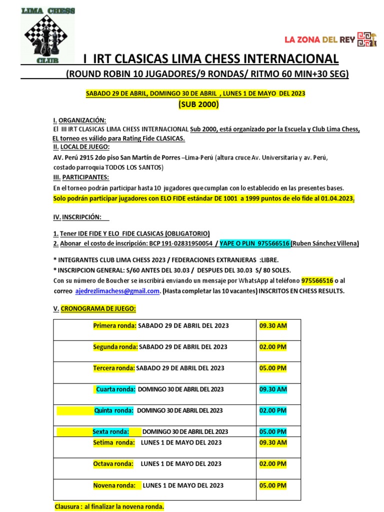 29.30abril.01mayo Bases Irt Clasicas Sub 2000 Lima Chess | PDF | Juegos ...