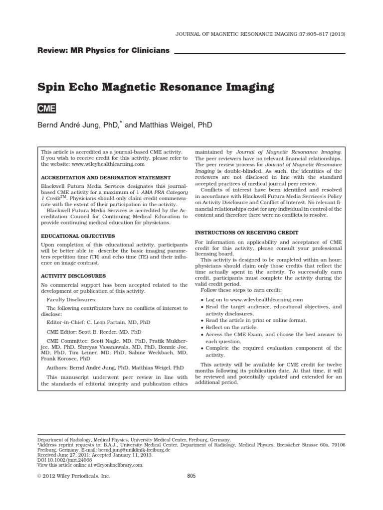 Magnetic Resonance Imaging - 2013 - Jung - Spin Echo Magnetic Resonance Imaging | PDF | Magnetic ...