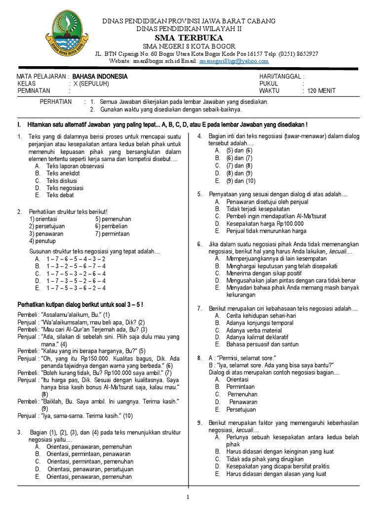Soal Pat Bindo Kelas X Print | PDF
