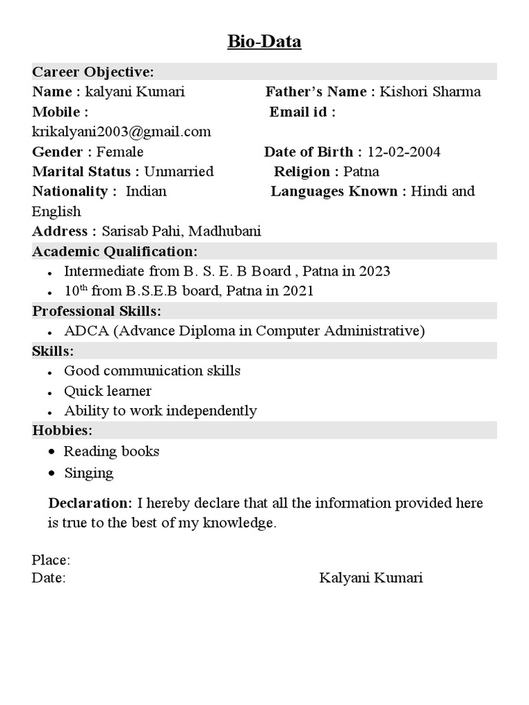 Kalyani Biodata | PDF