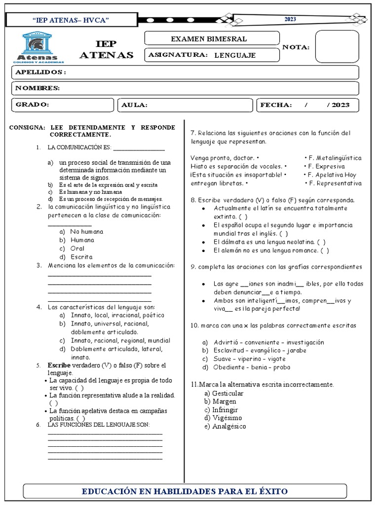Examen BIMESTRAL Lenguaje 3 Grado 2023 | PDF