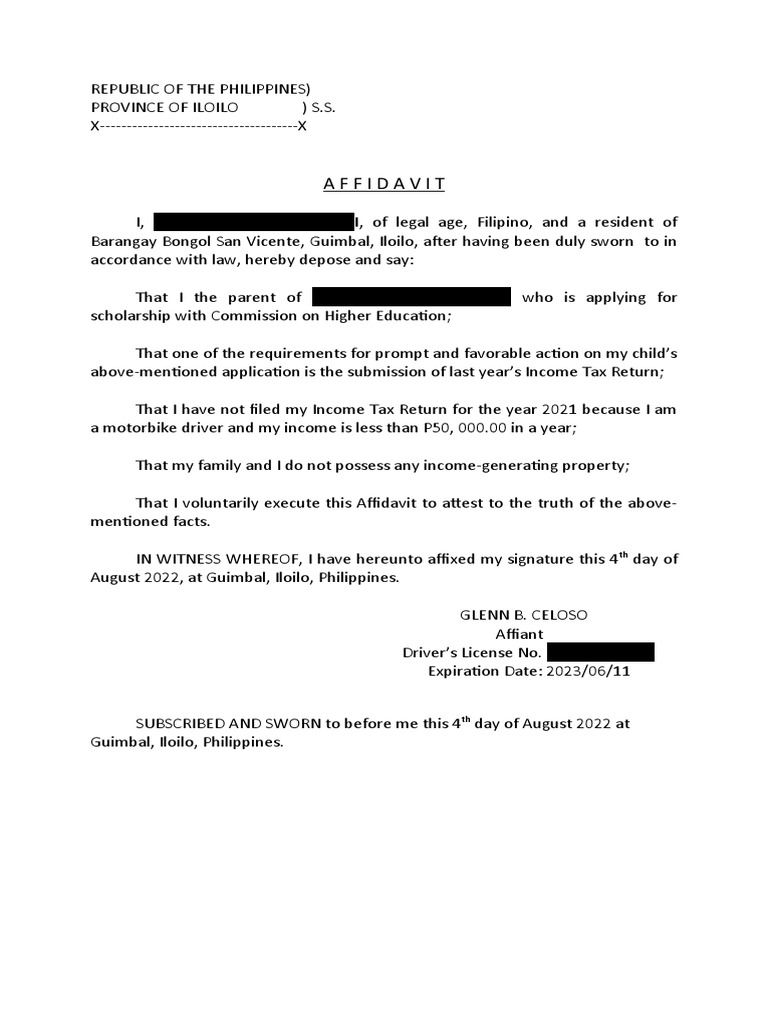 Affidavit (No Income) | PDF | Affidavit | Taxes