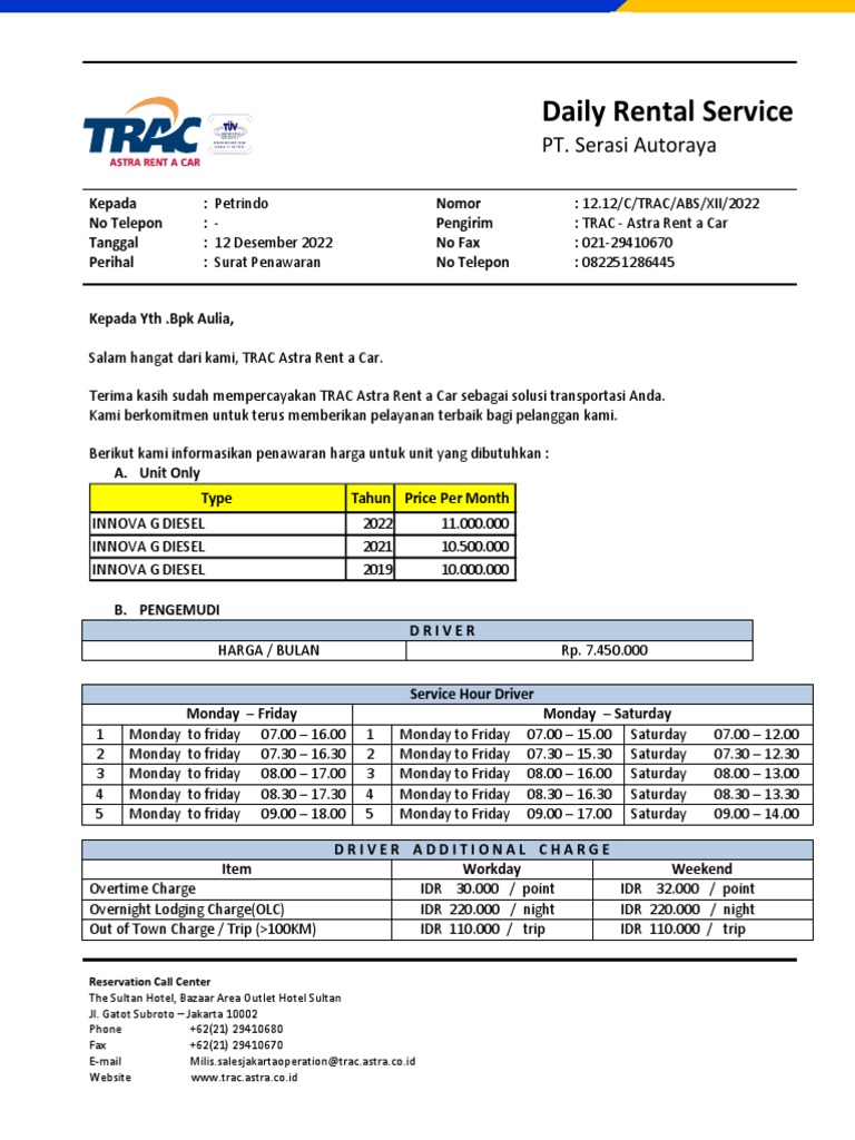 TRAC Quotation Letter - Mobil Dan Driver | PDF