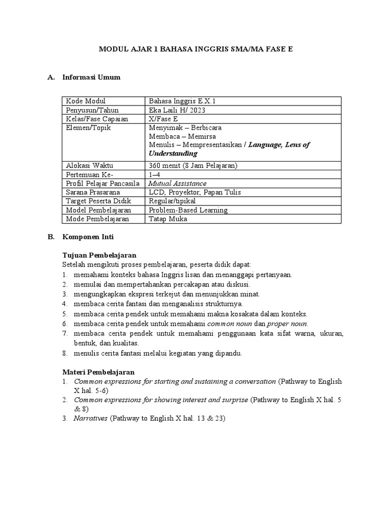 UNIT 1 - MODUL AJAR Pathway To English SMA GRADE X | PDF