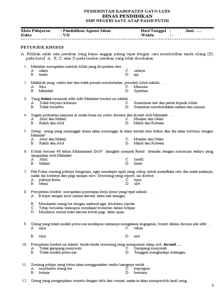 Soal Pai Kelas 7 Sem 2 | PDF