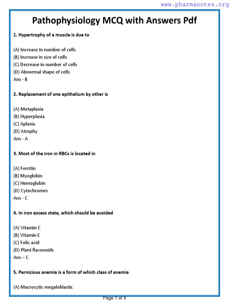 Pathophysiology MCQ With Answers PDF | PDF | Anemia | Tissue (Biology)