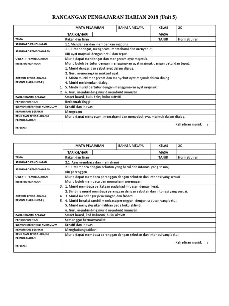RPH BM Tahun 2 (Unit 5 Dan 6) | PDF