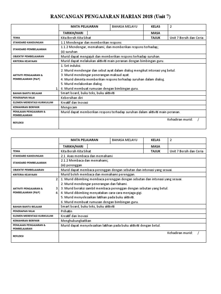 RPH BM Tahun 2 (Unit 7 dan 8) | PDF