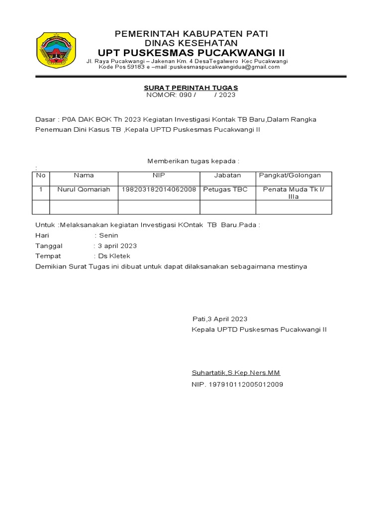 Surat Tugas TB TH 2022 Nurul Investigasi Kontak TB Baru | PDF
