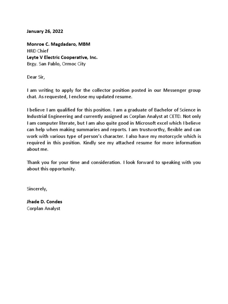 Application Letter for Collector | PDF