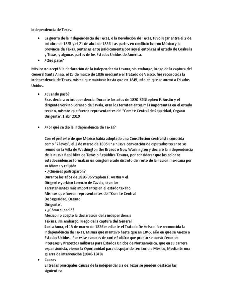 Independencia de Texas: Causas y Consecuencias | PDF | Revolución de ...