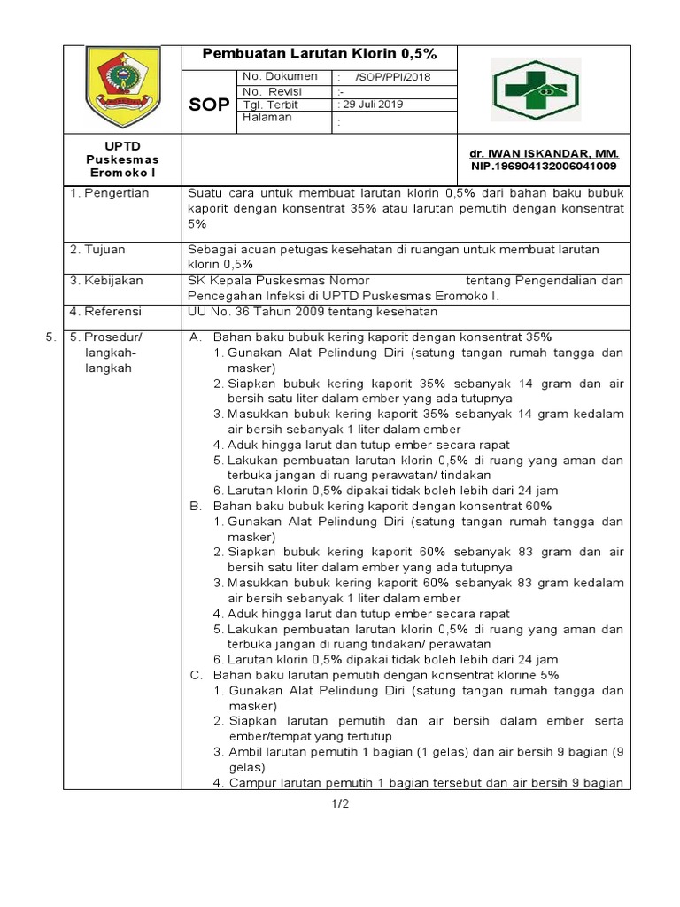 SOP-pembuatan-larutan-klorin-0.5 - 2019 | PDF