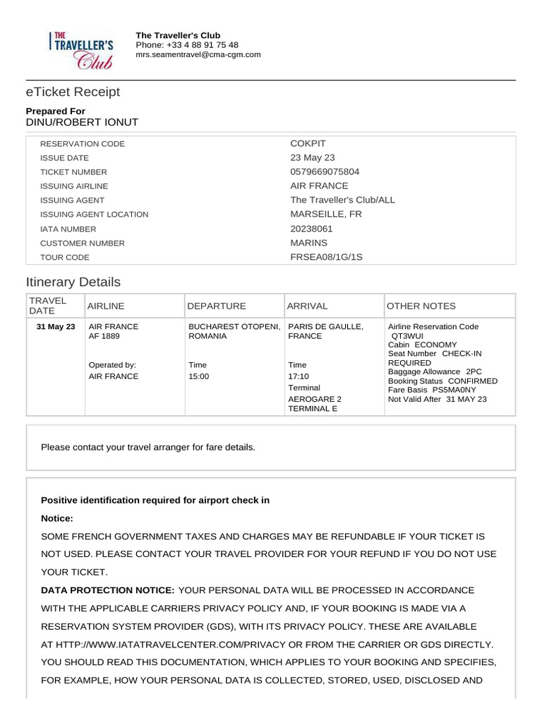 Electronic ticket receipt, May 31 for ROBERT IONUT DINU | PDF ...