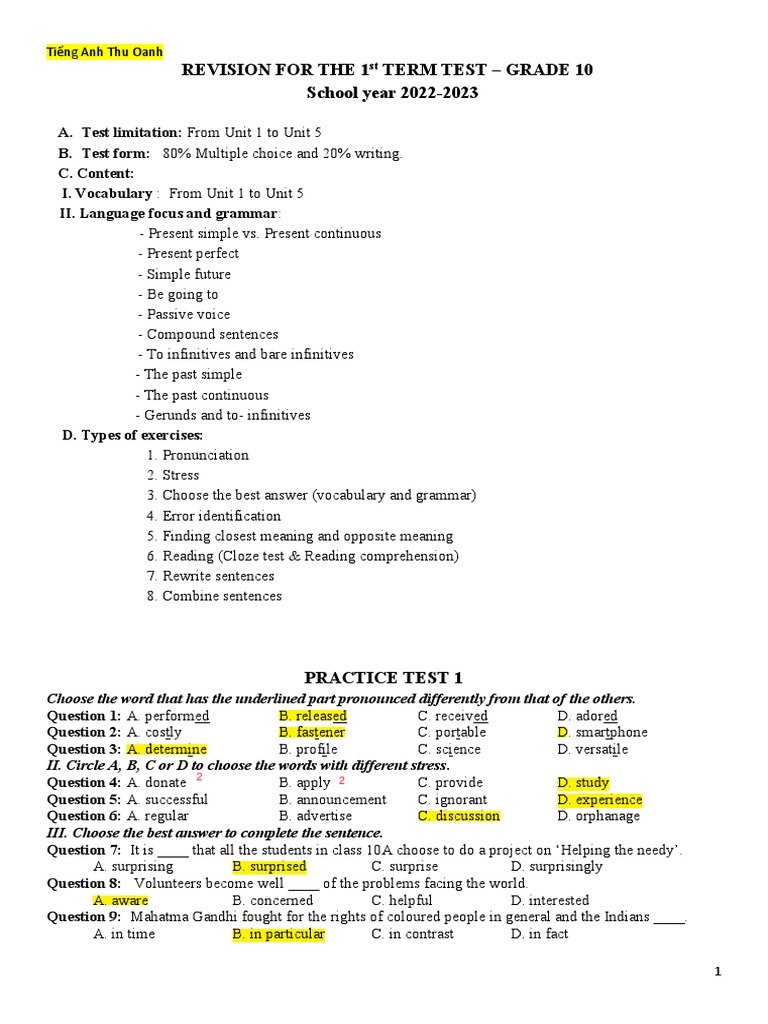 E10 - Đề Cương Cuối HK1 - HS Cô Thu Oanh | PDF