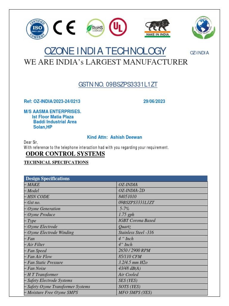 Ozone India Technology: We Are India'S Largest Manufacturer | PDF
