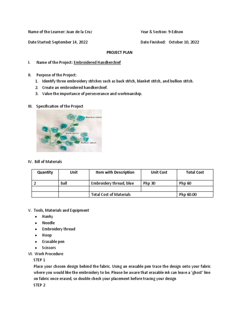 Project Plan in Needlcraft-Embroidery | PDF