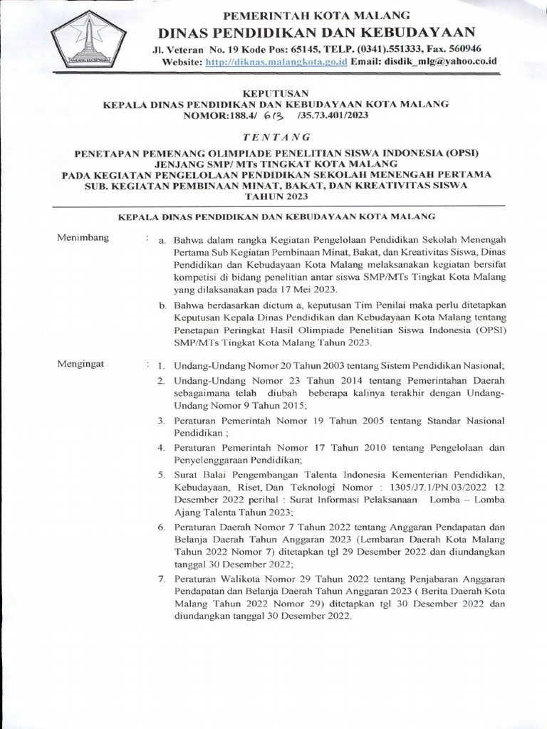 SK Pemenang Opsi SMP 2023 | PDF