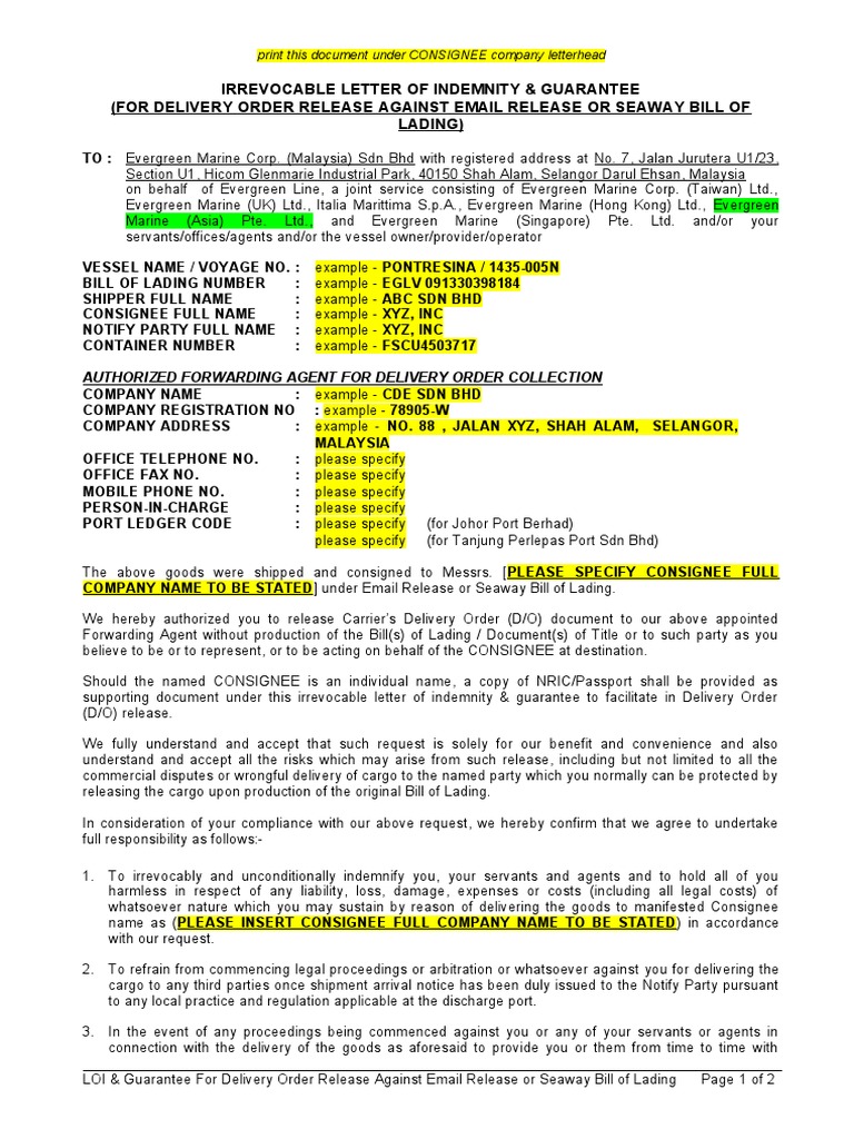 Evergreen - Loi | PDF | Indemnity | Bill Of Lading