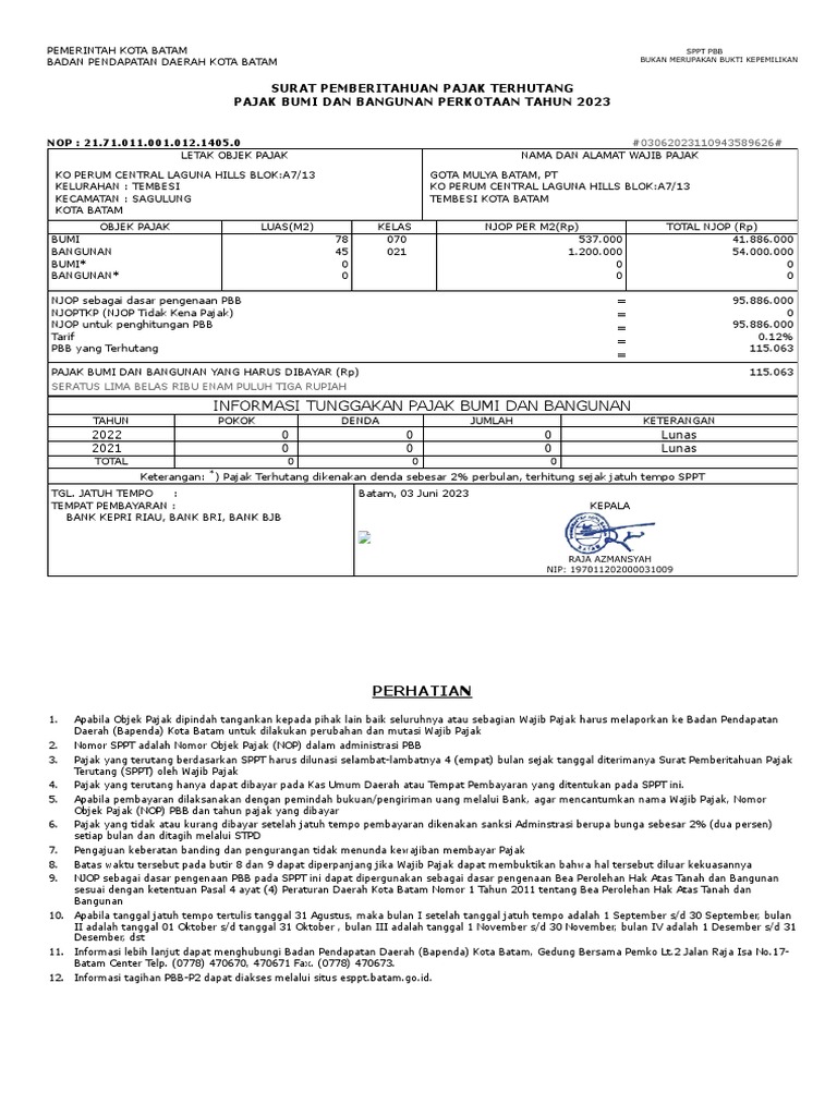 SPPT PBB 2023 Kota Batam | PDF