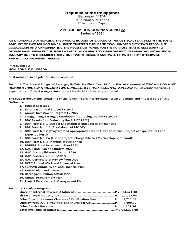 2 Appropriation Ordinance | PDF | Expense | Budget
