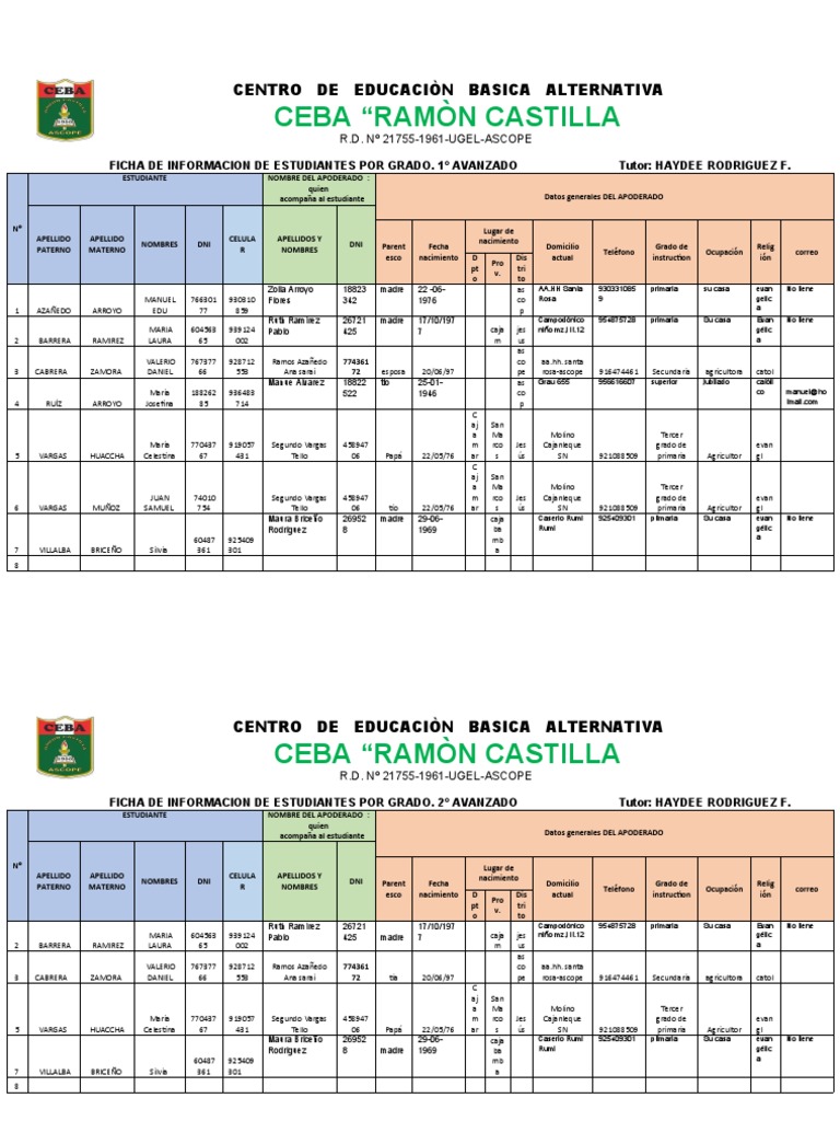 Ficha de Estudiantes CEBA Ramón Castilla | PDF
